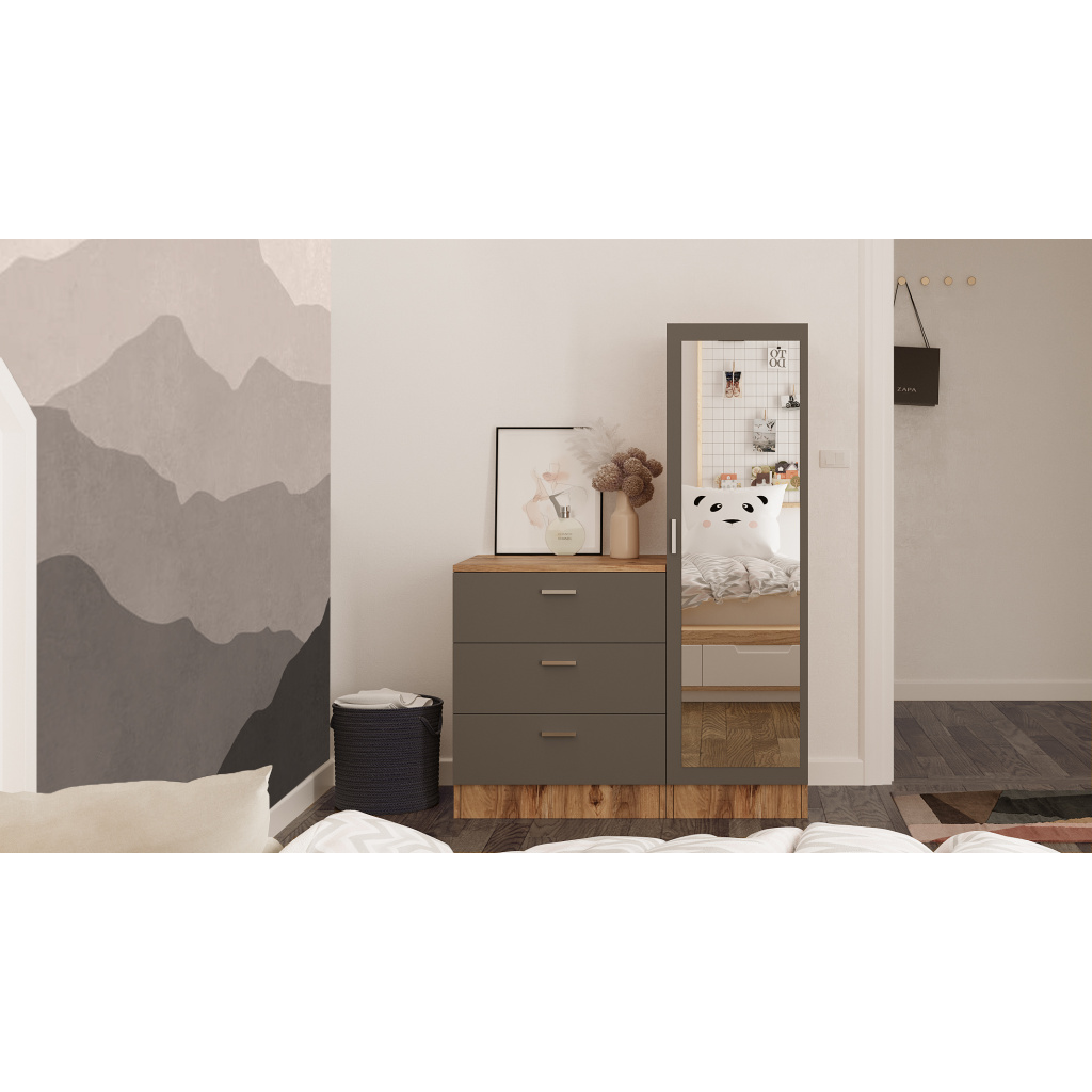Robin Home Lyana Aynalı Şifonyer Gardırop Çam-Gri - Robin Home