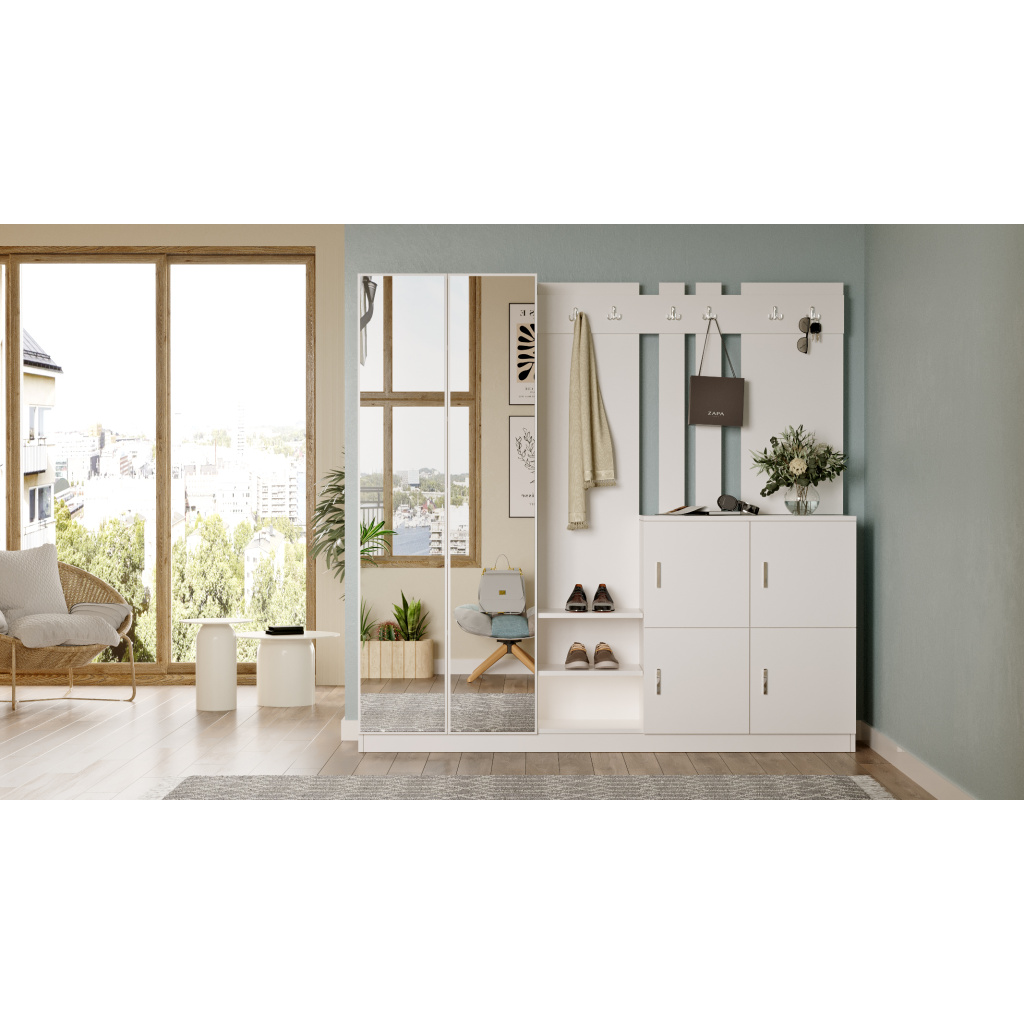 Robin Home Nova Aynalı Vestiyer Portmanto Ayakkabılık Beyaz - Robin Home