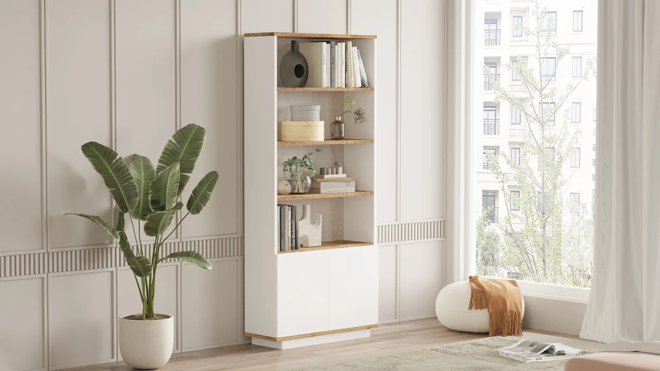 Robin Home Loft Kitaplık Raf 2 Kapaklı Raflı 168cm Çam-Beyazk - Robin Home