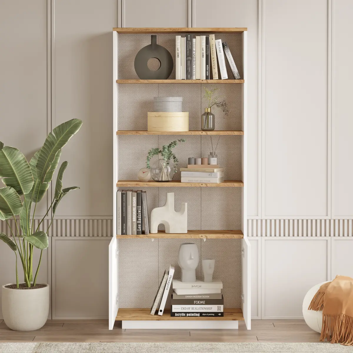 Robin Home Loft Kitaplık Raf 2 Kapaklı Raflı 168cm Çam-Beyazk - Robin Home