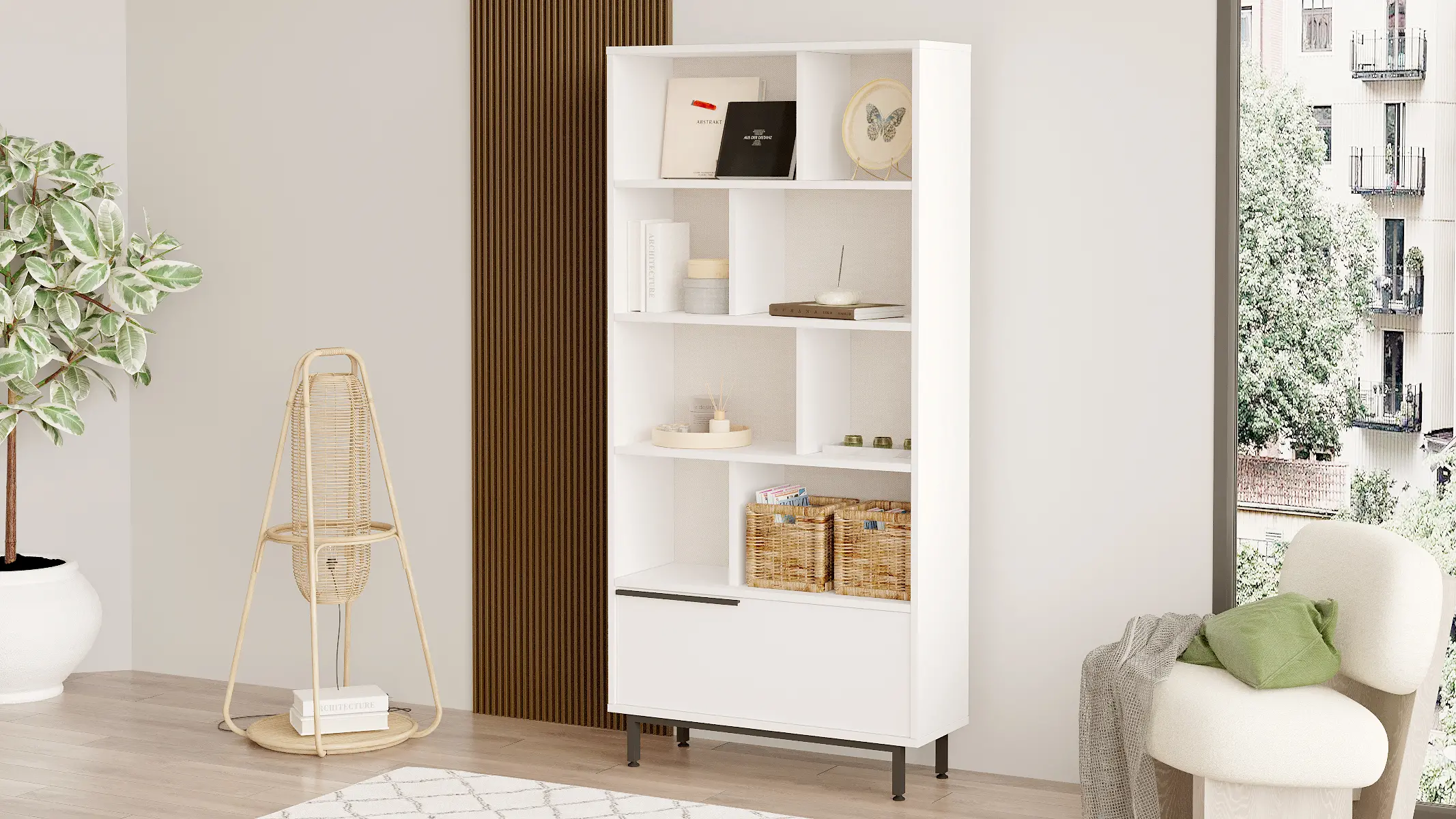 Robin Home Lidya Kitaplık Raf Metal Ayaklı 176cm Kapaklı Beyaz - Robin Home